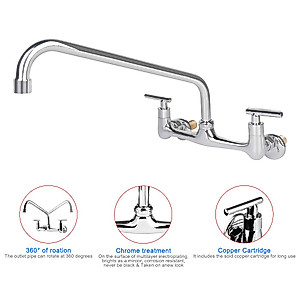 XIUBE Wall Mount Kitchen Sink Faucet with 14 inch Swivel Spout 8 Inch Center Commercial Sink Faucet for Compartment prep and Backsplash Mount Restaurant Sink 2-Handles Faucet Chrome Finish
