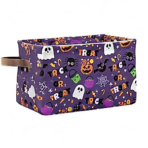 Happy Halloween Purple Storage Basket Fabric Kitchen Baskets Pumpkin Skull Ghost Bat Trick or Treat Open Home Storage Bins Boxes Foldable for Candy Toy Decorations Baskets 16×12×8 Inches