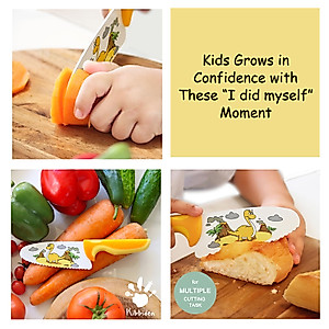 Kids Knife Set for Real Cooking, Friendly Safety Knife for Kids, Stainless Steel Child Chef Knife with Finger Protector, Round Tip Kids Knife for Cutting, Serrated Edges (Yellow)