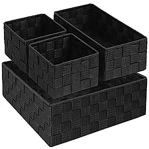Woven Storage Box Cube Basket Drawer Organizer Divider Basket Box, Storage Tote Bins for Bathroom, Kitchen, Cabinet, Closet, Shelf, Dresser, Store Snacks, Cereal, Baking Supplies, Set of 4 (Black）