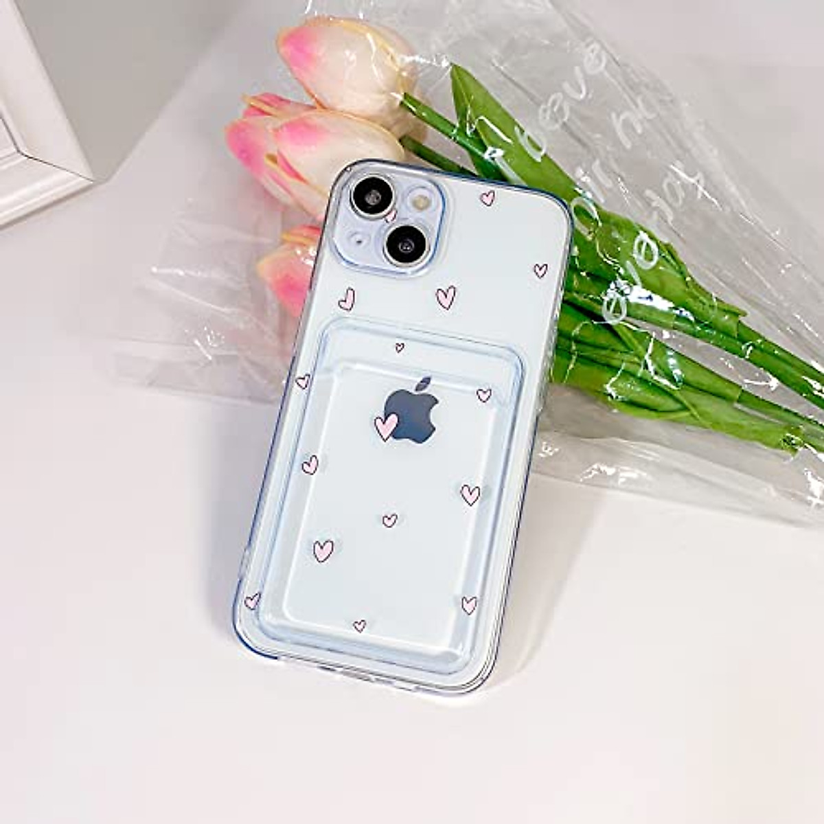 NITITOP Compatible for iPhone 13 Case Clear with Card Holder, Cute Heart Pattern Love Design for Women Girl, Protective Soft TPU Shock-Absorbing Wallet Case for iPhone 13-Pink Heart