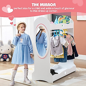 JOYLDIAS Kids Dress Up Storage with Mirror, Kid Armoire W/Side Hook Pockets, Pretend Storage Closet for Kids, Costume Dress-up Wardrobe W/Top Shelf Shoes Storage for Bedroom Girls Room, White