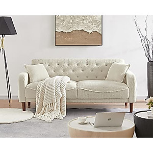 Aoowow Teddy Fabric Sofas and Couches 78 Inches Long, Mid Century Modern Couch Tufted Back Sofa with 2 Throw Pillows, Armrest and Wooden Legs for Living Room, Apartment, Bedroom (Beige)