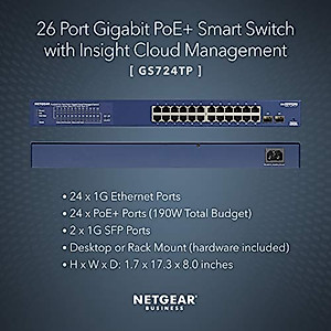 NETGEAR 26-Port PoE Gigabit Ethernet Smart Switch (GS724TP) - Managed, 24 x 1G, 24 x PoE+ @ 190W, 2 x 1G SFP, Optional Insight Cloud Management, Desktop or Rackmount, and Limited Lifetime Protection