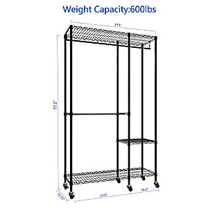 Serxis Portable Closets Heavy Duty Garment Rack Adjustable Rolling Clothes Rack with Lockable Wheels, Metal Wire Clothing Rack,Freestanding Open Wardrobe Closet Storage Rack,Max Load 600LBS, Black