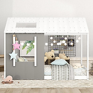 Twin Size Montessori Bed Frame, Twin Size House Floor Bed Frame with Headboard, Roof and Window, Wood Montessori Floor Bed for Kids, Twin Size Bed Frame Grey Antique White