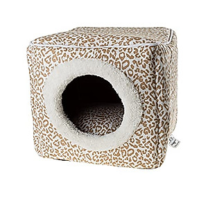 Cat Pet Bed Cave- Indoor Enclosed Covered Cavern/House for Cats Kittens and Small Pets with Removable Cushion Pad by PETMAKER, Tan/White Animal Print