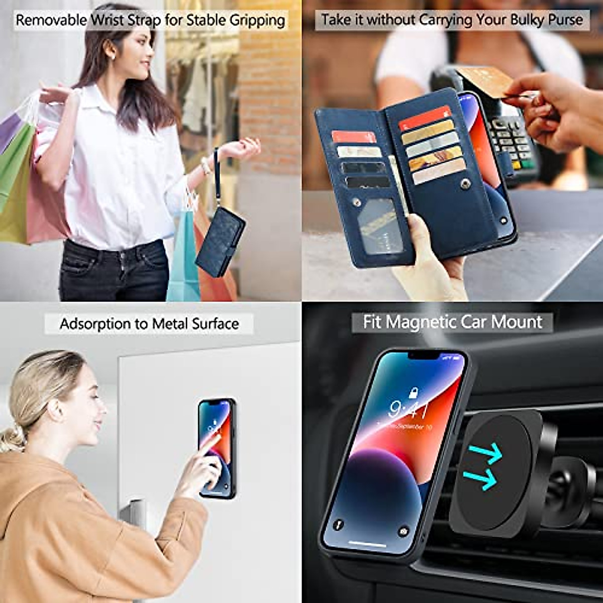 Varikke for iPhone 14 Wallet Case, Detachable Magnetic Wallet Flip Cases with Card Holder & Kickstand & Wristlet Fits iPhone 14 [6.1 inch] Phone Cover for Women Men Durable PU Leather, Vintage Blue