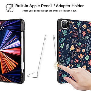 Lepeoac Designed for iPad Pro 11 inch Case M2 4th Generation (2022) / 3rd Gen (2021) / 2nd Gen (2020) / 1st Gen (2018) with Pencil Holder, Trifold Stand TPU Back Shell Smart Case, Flat Floral