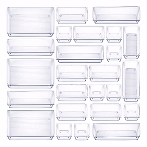 25 Pcs Drawer Organizer Set Dresser Desk Drawer Dividers - 4 Size Bathroom Vanity Cosmetic Makeup Trays - Multipurpose Clear Plastic Storage Bins for Jewelries, Kitchen Gadgets and Office Accessories