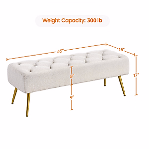 Yaheetech Modern Ottoman Bench Boucle Bench Upholstered Footrest for Living Room with Gold Metal Legs and Padded Seat Ivory