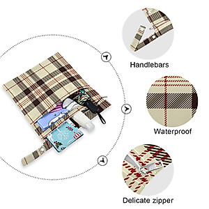 susiyo Cloth Diaper Wet Dry Bags Beige Plaid Waterproof Reusable Wet Bags with Two Zippered Pockets Baby Stroller Travel Beach Pool Gym Bag for Dirty Clothes Wet Swimsuits 2 Pack