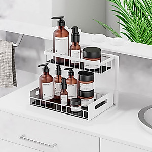 KINGPOUL Under Sink Organizers-2-Tier Heavy Duty Metal Slide Out Pull Out Drawers L-Shape Under Cabinet Storage Around Plumbing, for Under Kitchen Bathroom Sink Organizers and Storage(White)