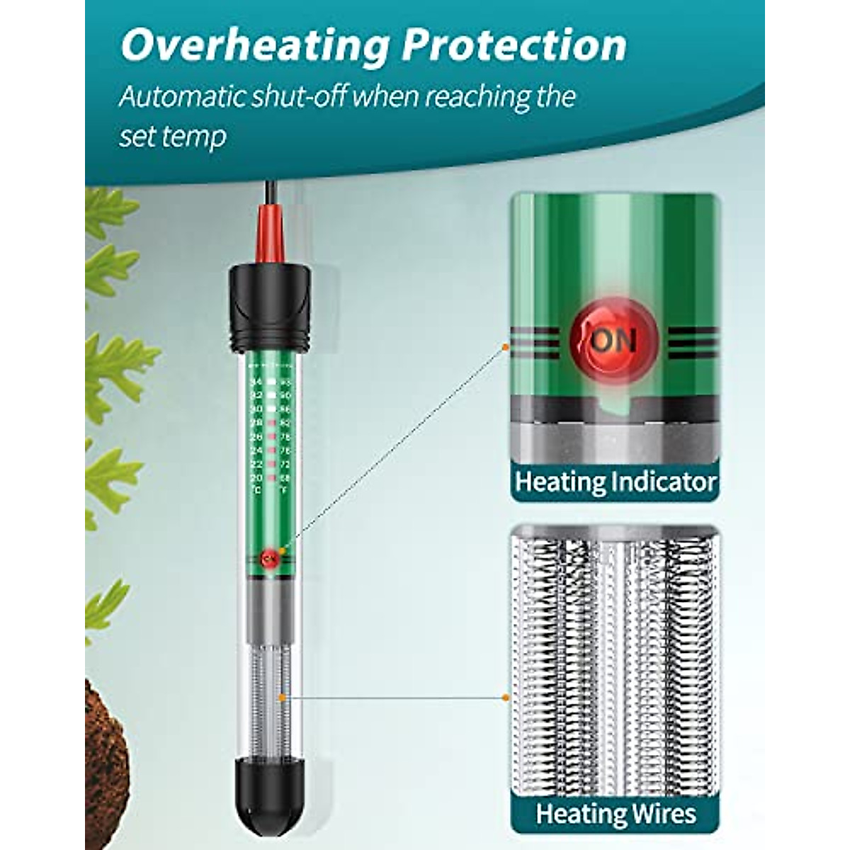 Uniclife Aquarium Heater 25W/50W/100W/200W Adjustable Submersible Heating Rod with Electronic Thermostat LED Indicator Light and Thermometer Sticker for Freshwater Marine Fish Tanks