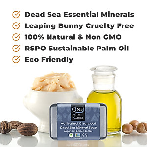 One With Nature Dead Sea Salt Activated Charcoal Soap 7oz 3Pack, Black Bar Soap Detoxifying Body Wash Soap Bar & Face Soap Vegan Men Soap with Shea Butter 100% Natural Soap for Men & Women Soap Bar