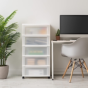 IRIS USA Plastic 5 Drawer Wide Storage Drawer Cart with 4 Caster Wheels for Home, Closet, Bedroom, Bathroom, Office, Laundry, Kitchen, Craft Room, Nursery and School Dorm, White, Set of 1