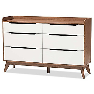 Baxton Studio Brighton 6-Drawer Storage Dresser Mid-Century/White/Walnut Brown/Particle Board/MDF with PU Paper/
