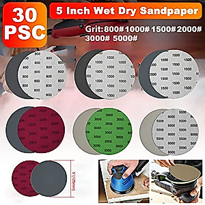 DAKLM 5 Inch Wet Dry Sandpaper, 30 PCS Assorted Grit Sanding Disc (800/1000/1500/2000/3000/5000) Premium Silicon Carbide Hook and Loop Sandpaper for Wood Metal Polishing and Sanding