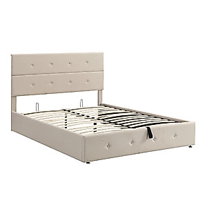 YuiHome Queen Bed with Storage Underneath, Upholstered Platform Bed with Lift Up Storage and Headboard, Wooden Bed Frame for Teens Adults, Beige