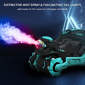 AONGAN Remote Control Car - 2.4 GHz RC Stunt Car 4WD w/Mecanum Wheels, All-Terrain Tires & All Directions, Lights Music & Spray Function Gifts Toys for Boys Girls 5 6 7 8 9 Years Old (Blue)