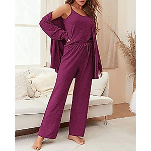 Fessceruna Womens 3 Piece Pajama Set Cami Tank Top Wide Leg Pants and Cardigan Loungewear Lounge Sets Purple