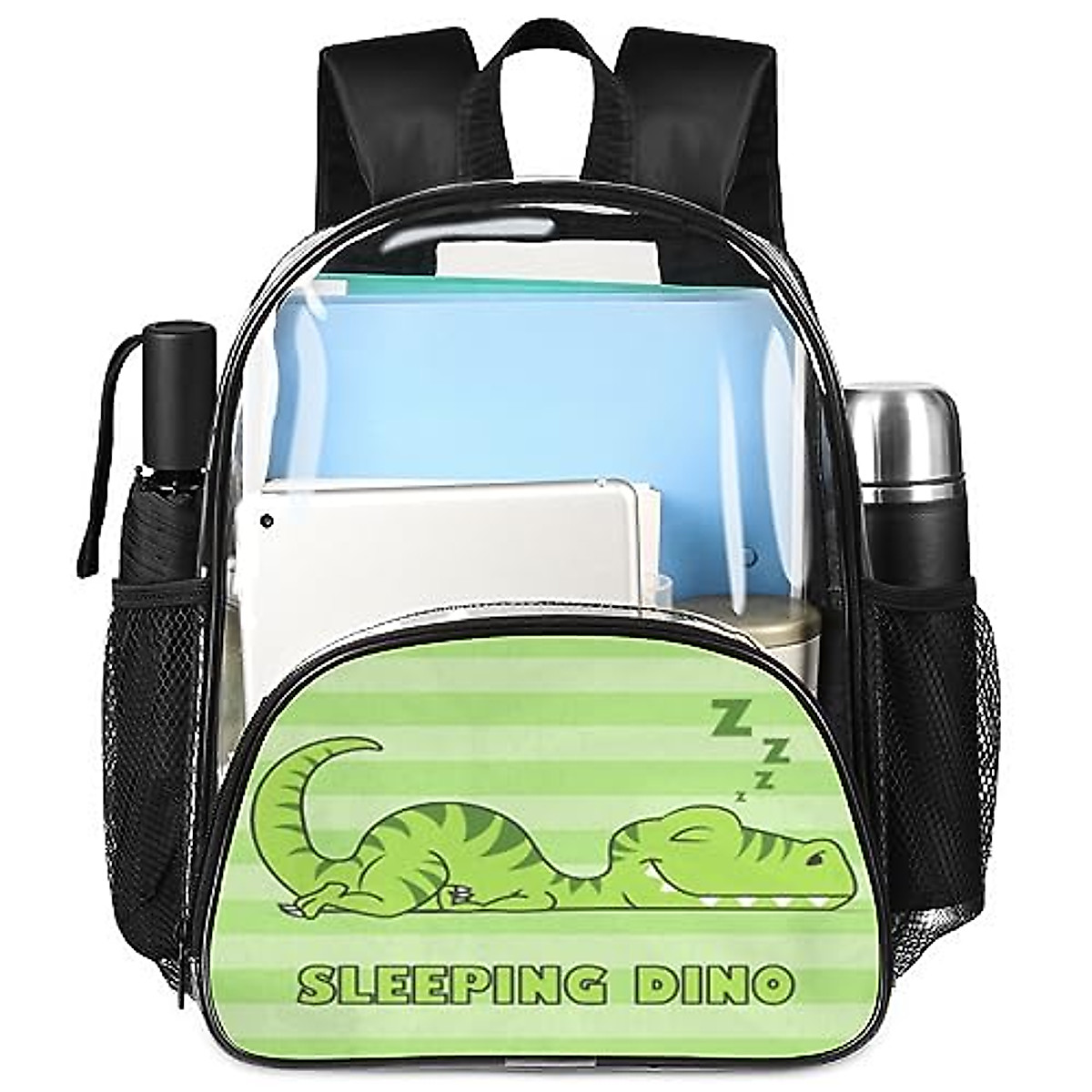 Clear Mini Backpacks Green Dinosaur Pattern Stripe Transparent Backpack Heavy Duty PVC See Through Bookbags Casual Daypack with Reinforced Straps for Work, School, Security, Travel, Beach¡­