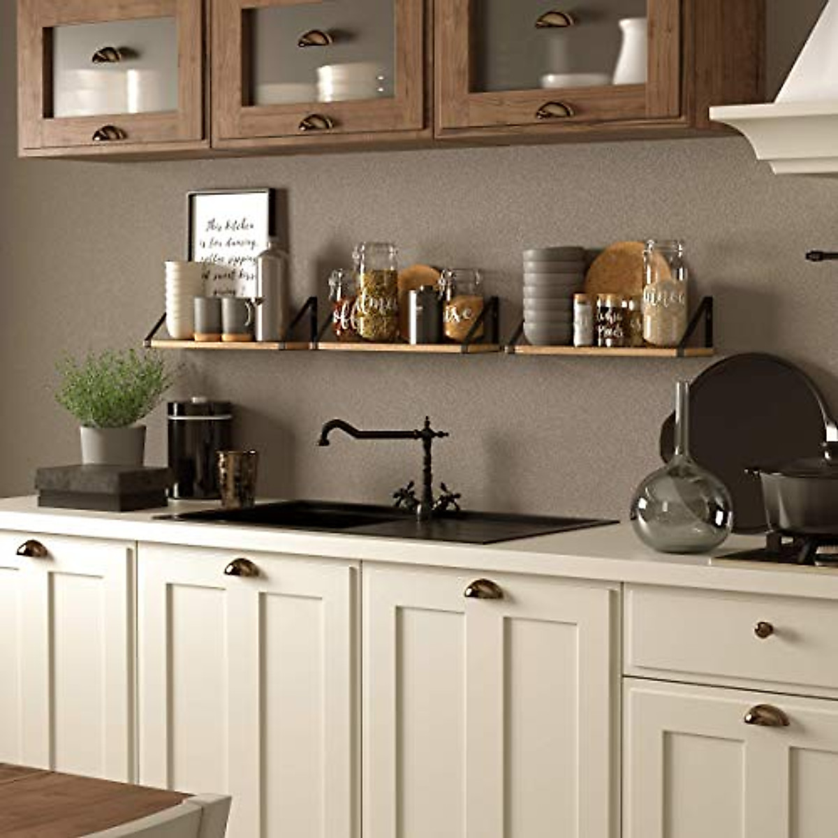 Wallniture Ponza Floating Shelves for Wall, Laundry Room and Bathroom Storage Shelf Unit Set of 3, Natural Burned Rustic Wood Wall Decor with Metal Floating Shelf Bracket