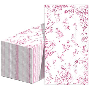 100Pcs Pink Floral Guest Napkins Pink and White Floral Dinner Napkins Party Supplies Pink Floral Paper Bathroom Hand Towels Toile for Wedding Bridal Birthday Baby Shower Garden Tea Summer Party Favor