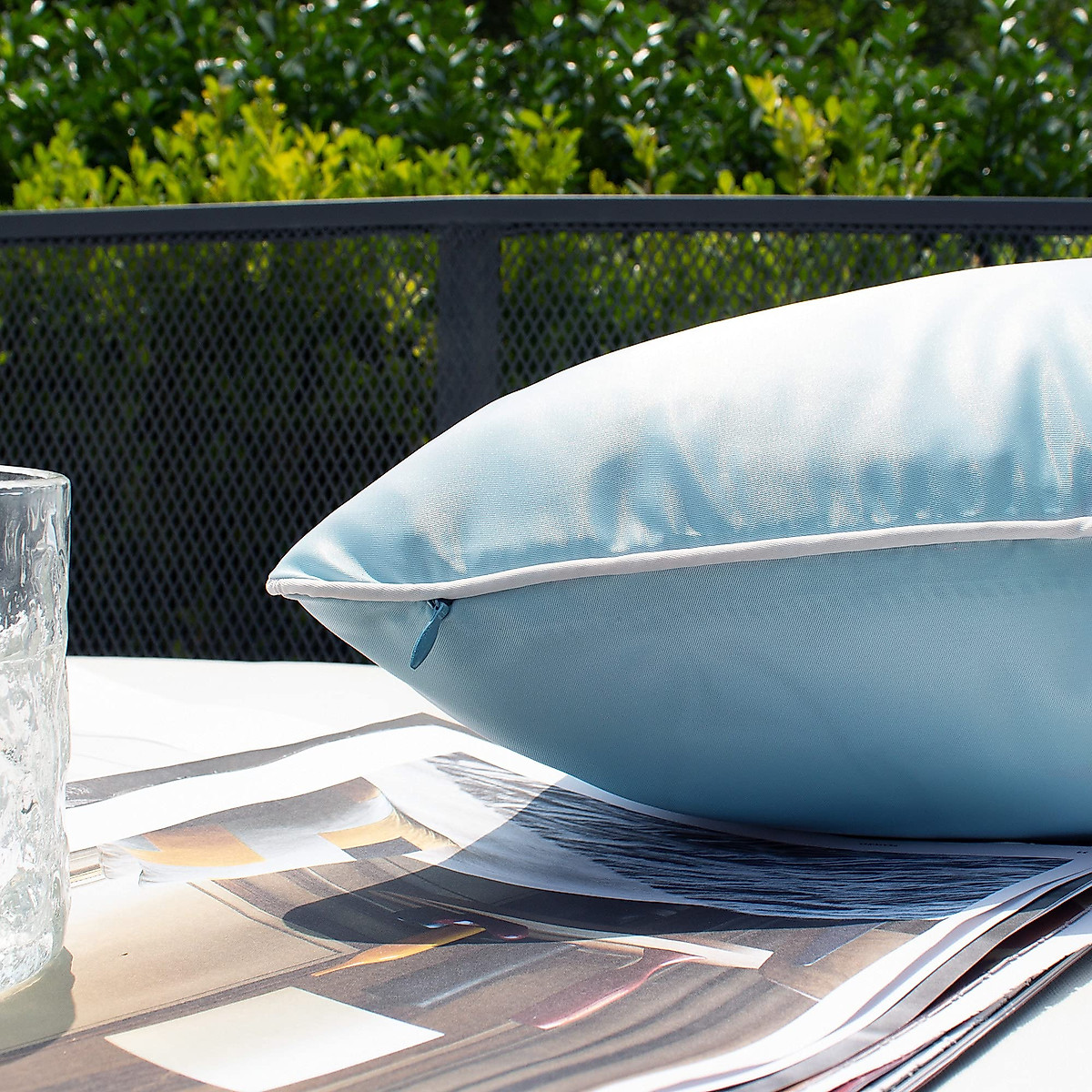 Kevin Textile Patio Furniture Pillows Outdoor Waterproof Pillow Covers with White Piping for Garden Couch, 2 Pieces, 20"x20", Light Blue