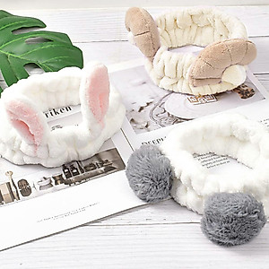 HUIANER Cute Animal Ears Headbands with Fluffy Ball Soft Coral Fleece Elastic Hair Band For Women Washing Face Makeup Cosmetic, Pack of 3