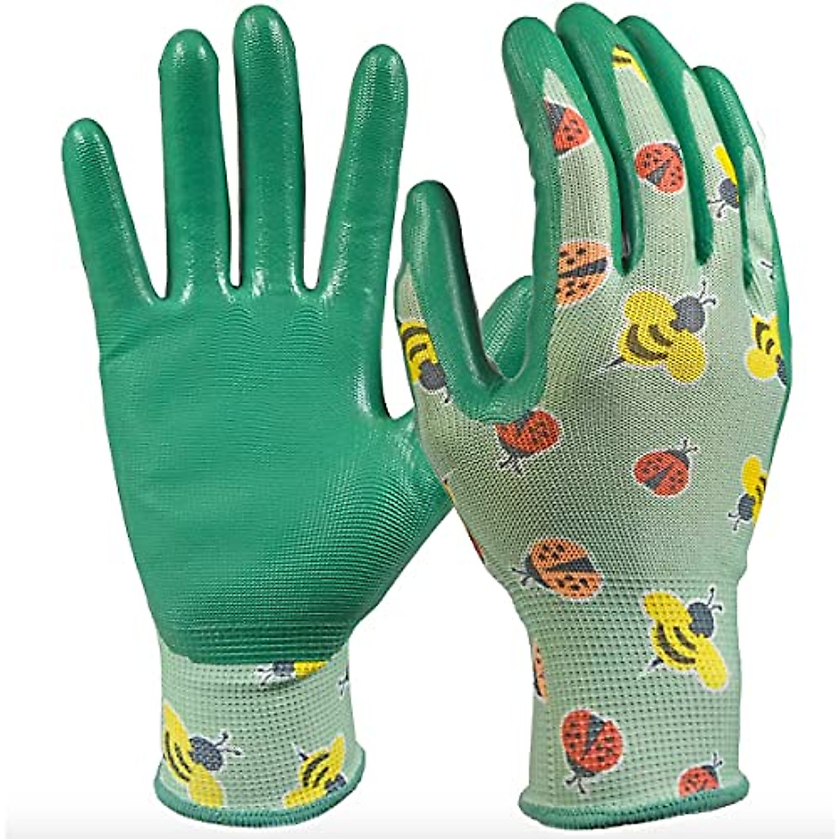 Digz Youth Stretch Garden and Yardwork Gloves with Nitrile Coating | Single Pair | Color: Bees & Ladybugs | Size: One Size Fits Most Youth