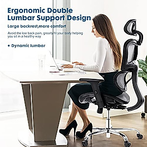 Ergonomic Office Chair, High Back Desk Chair, Swivel Mesh Computer Task Chair with Dynamic Lumbar Support, Tilt Function, Executive Home Office Chair with 3D Adjustable Headrest and Armrests, Grey