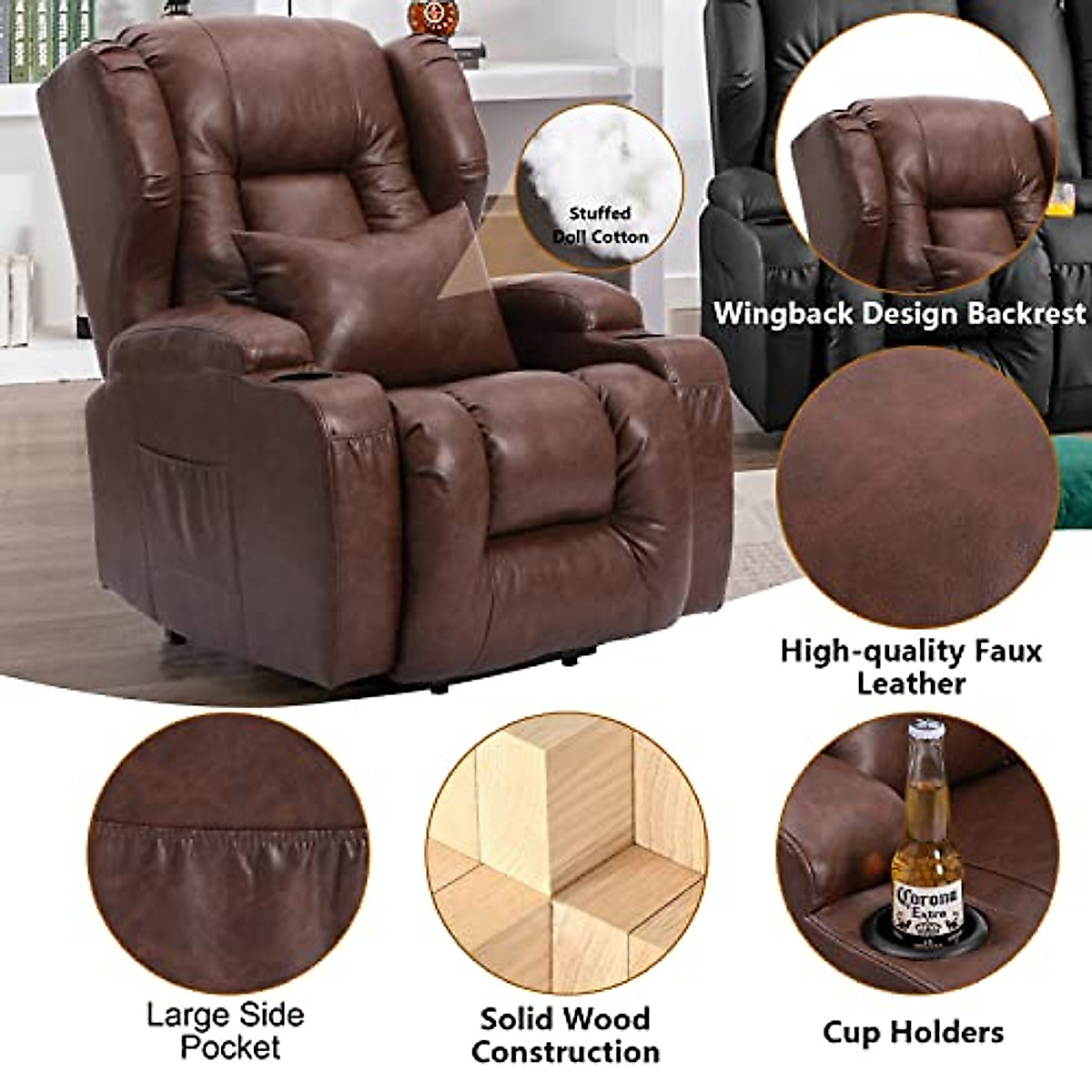 IPKIG Power Lift Chairs Recliners for Elderly with Massage and Heated, Faux Leather Power Recliner Chair with USB Ports/2 Remote Control/4 Side Pocket for Living Room, Bedroom (Brown)