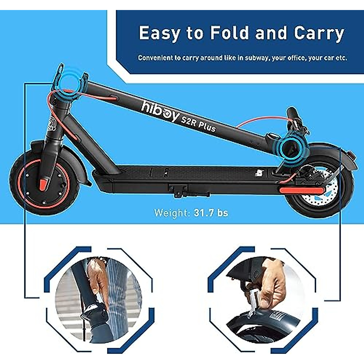 Hiboy S2R Plus Electric Scooter, Upgraded Detachable Battery, 9" Pneumatic Tires, 350W Motor - Max 22 Miles & 19 MPH Portable Folding Commuter E-Scooter for Adults - Dual Brakes with Split Wheels