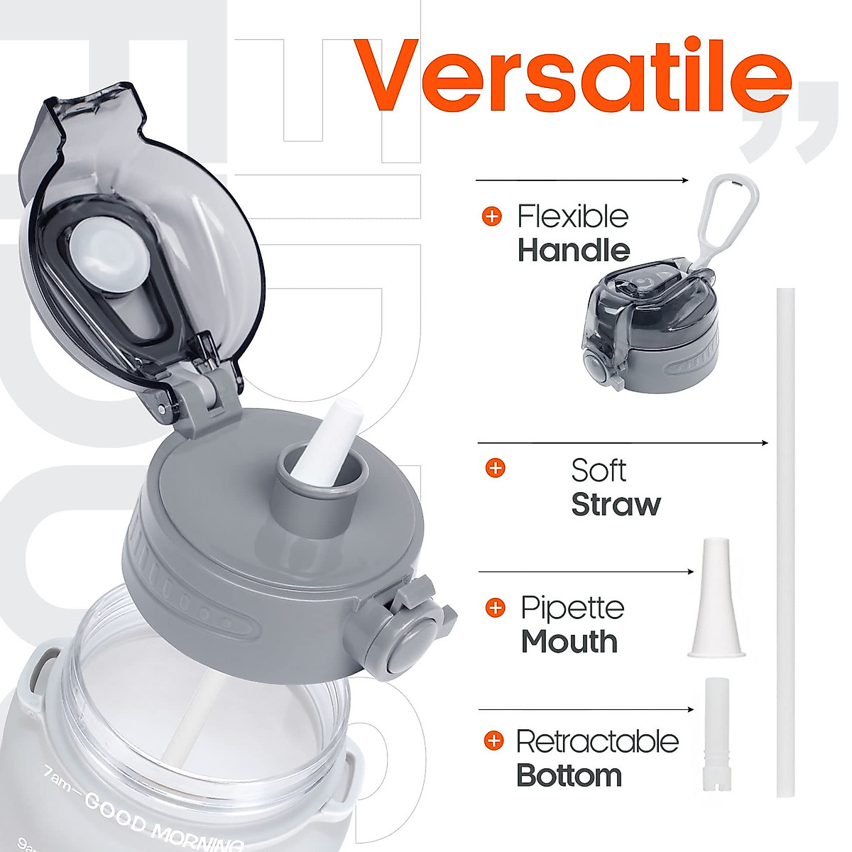 Fidus Large 1 Gallon Motivational Water Bottle with Paracord Handle & Removable Straw - BPA Free Leakproof Water Jug with Time Marker to Ensure You Drink Enough Water Throughout the Day-White/Gray