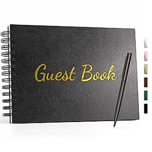 WEMATE Guest Book, Leather Memorial Guestbook,Suitable for Funeral,Graduation and Special Events,Polaroid Guest Book with A Pen,136 Blank&Lined Pages for Sign in and Photos 7"x10″ (Black)