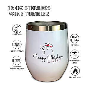 Crazy Chicken Lady - Stainless Steel Stemless Wine Glass - Crazy Chicken Lovers Gifts