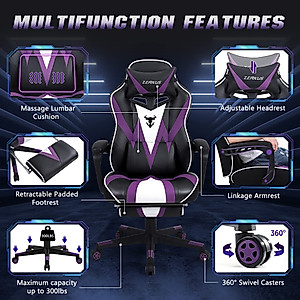 Zeanus Gaming Chair for Adults Purple Gaming Chairs Reclining Computer Chair with Footrest for Heavy People Gamer Chair with Massage Ergonomic PC Gaming Chair Racing Chair for Gaming Big and Tall