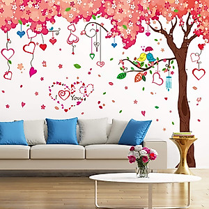 Giant Huge Pink Cherry Tree Wall Decals Cute Cartoon Removable Large Tree Lovely Heart Shape Wall Sticker Peel Stick for Kids Girls Bedroom Livingroom TV Background