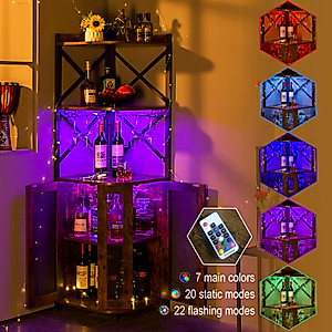 JKsmart Corner Bar Cabinet with LED Lights, 5-Tier Industrial Wine Bar Cabinet with Glass Holder, Farmhouse Liquor Cabinet with Shelf and Door, Home Bar for Coffee Bar Cabinet, Rustic Brown