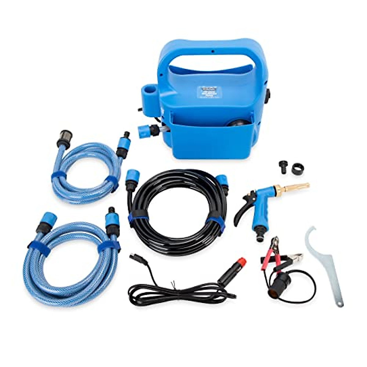 Trac Outdoors Portable Washdown Pump Kit - Self-Priming Marine-Grade Pump - Includes Everything Needed to Power-Spray, Just Add Water (69380), Blue