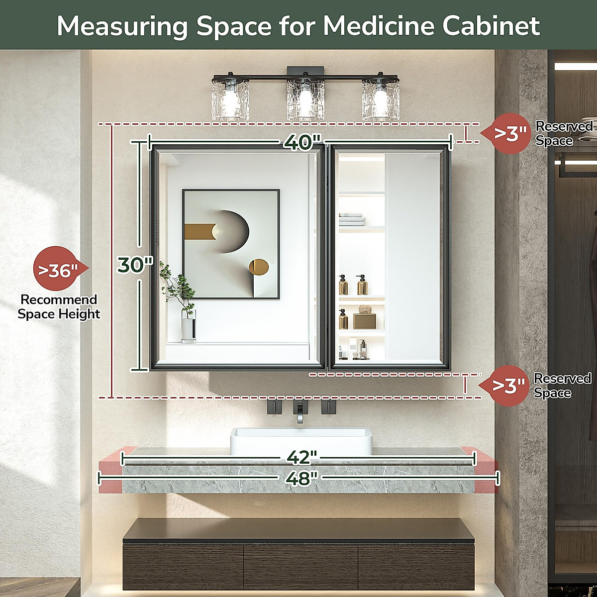 TokeShimi 40x30 Recessed Medicine Cabinet with Mirror, Silver Mirror with Storage Bathroom Aluminum 2 Door, Wall Mounted Metal Recessed Medicine Cabinets for Bathroom with Beveled Mirror