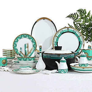Tabletop Dinner SetsHome Tableware Set Ceramics Dinner Sets, Plate/Bowl/Soup Pot | 62 Pieces Upscale Bone China Dinnerware Set - Green Pattern Porcelain Combination Set for Restaurant