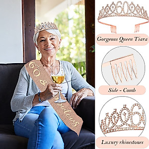 8pcs 60th Birthday Gifts Decorations for Women, Including 60th Happy Birthday Cake Toppers, Birthday Queen Sash with Pearl Pin, Sweet Rhinestone Tiara Crown, Number Candles and Balloons Set, Rose Gold
