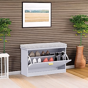 joibabe Shoe Cabinet with Flip Drawers, Shoe Bench with Removable Cushion, Free Standing Tipping Bucket Shoe Rack Organizer with Adjustable Shelf, Shoe Storage Cabinet