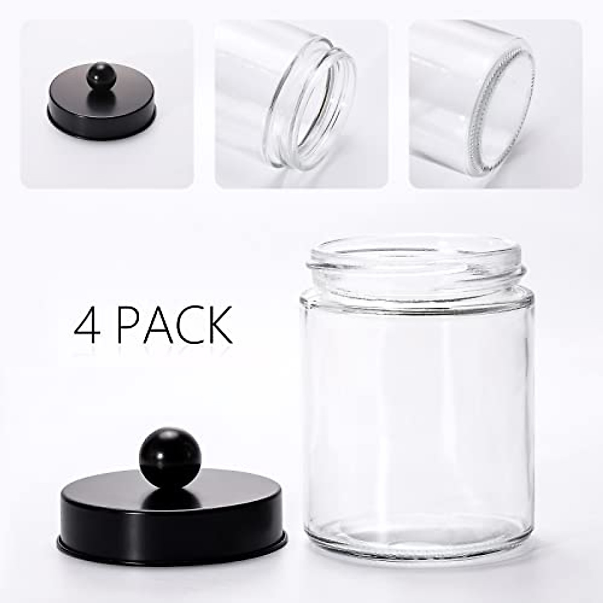 Tbestmax Glass Qtip Holder Dispenser, 10-Ounce Bathroom Containers Apothecary Jars with Metal Lids for Cotton Ball Swab Pad, Black (4 Pack)