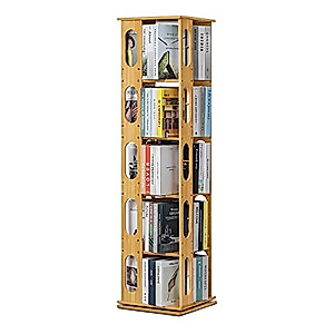 MoNiBloom 5 Tier Bookcase 360 Degree Rotating, Tall Bamboo Book Shelf Storage Display Rack Organizer with Semi-Hollow for Living Room Corner, Front Window, Natural