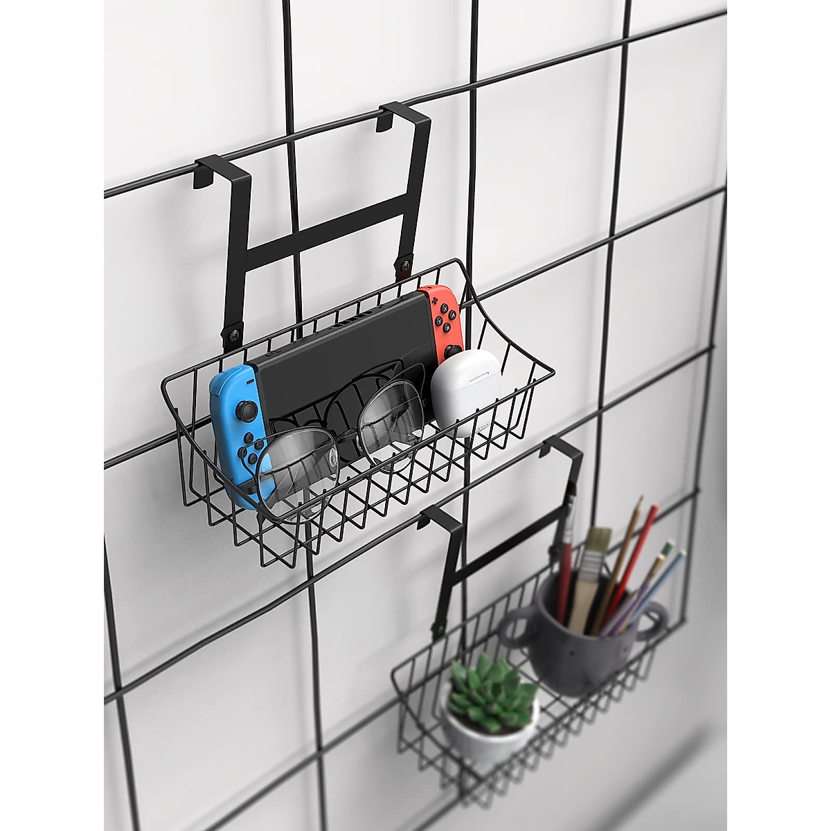 MaraFansie Grid Storage Basket, Over the Cabinet Door Organizer, Hanging Basket with Hook Over the Cabinet/Railing, Under Sink Kitchen Cabinet, Pantry, Bathroom, Small, Black, 1 Pack
