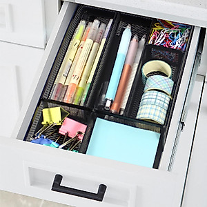 ROSROSE 2 Pack Desk Organizer Trays - Small & Large Office Drawer Organizers w/6 Adjustable Compartments, Metal Mesh Storage Set for Office Supplies & Home