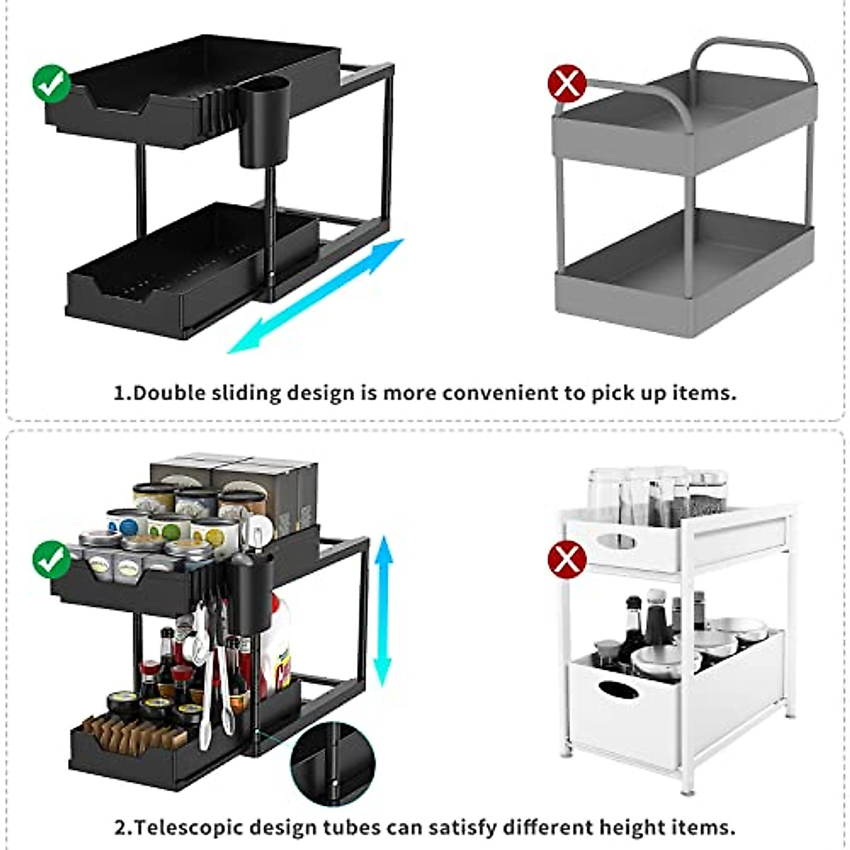 POWERWOO Under Sink Organizers and Storage with Double Sliding, Adjustable Height Under Cabinet Organizer for Kitchen, 2 tier Pull Out Under Bathroom Organizer Multi-purpose Drawer Shelf （1 pack）